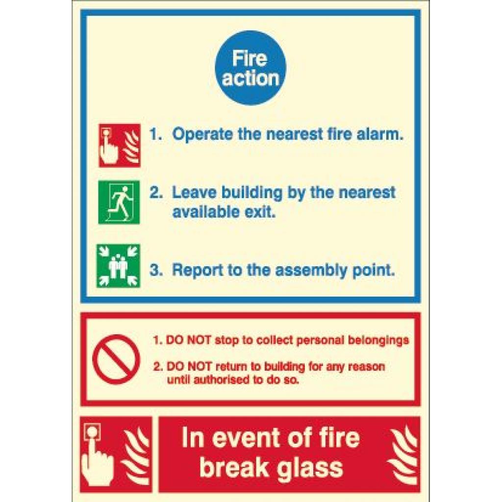 Fire Action - In the event of fire break glass (Photoluminescent)