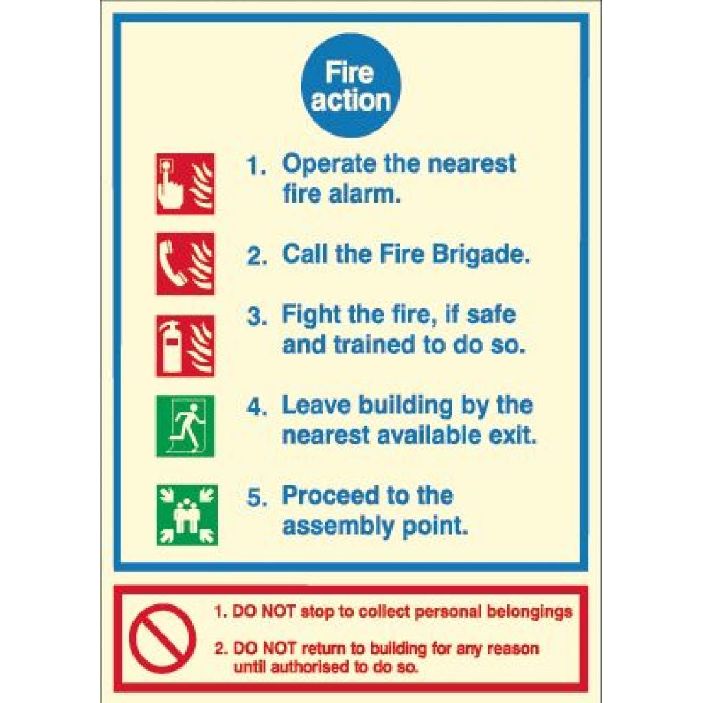 Fire Action - Do not stop to collect personal belongings (Photoluminescent)